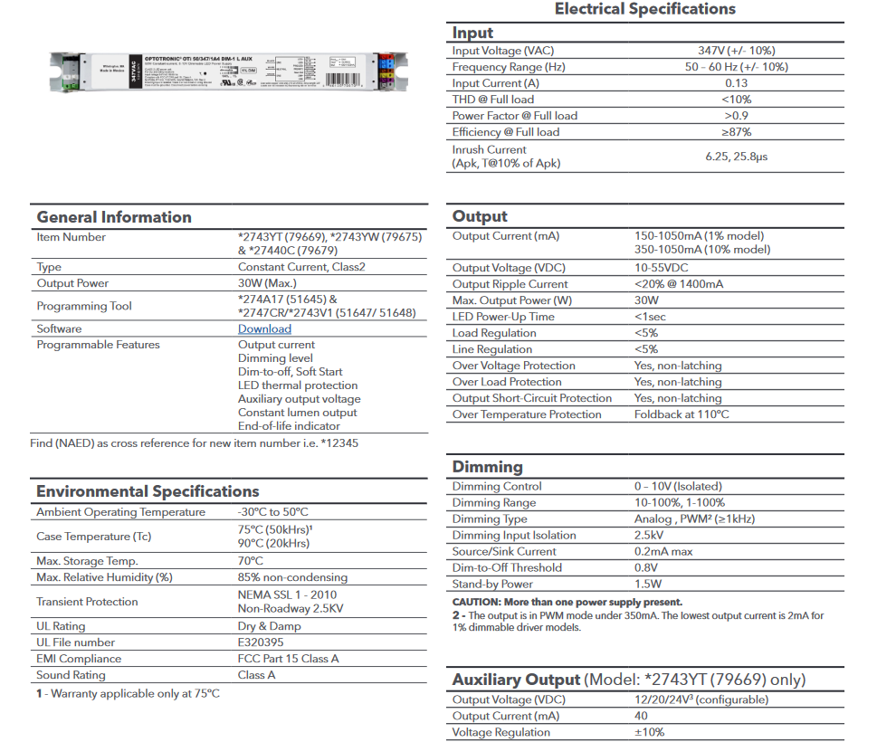 OTi30/347/1A0 DIM-1 AUX Optotronic (79669/*2743YT) LED Driver | 347V ...