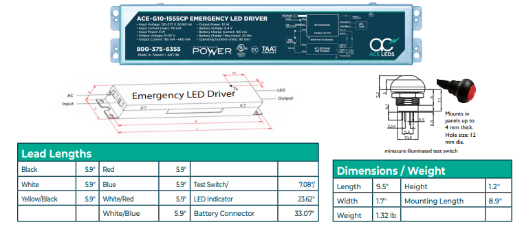 ACE-G10-1555CP ACE LEDS Emergency Constant Power LED Driver | 10W 90-min