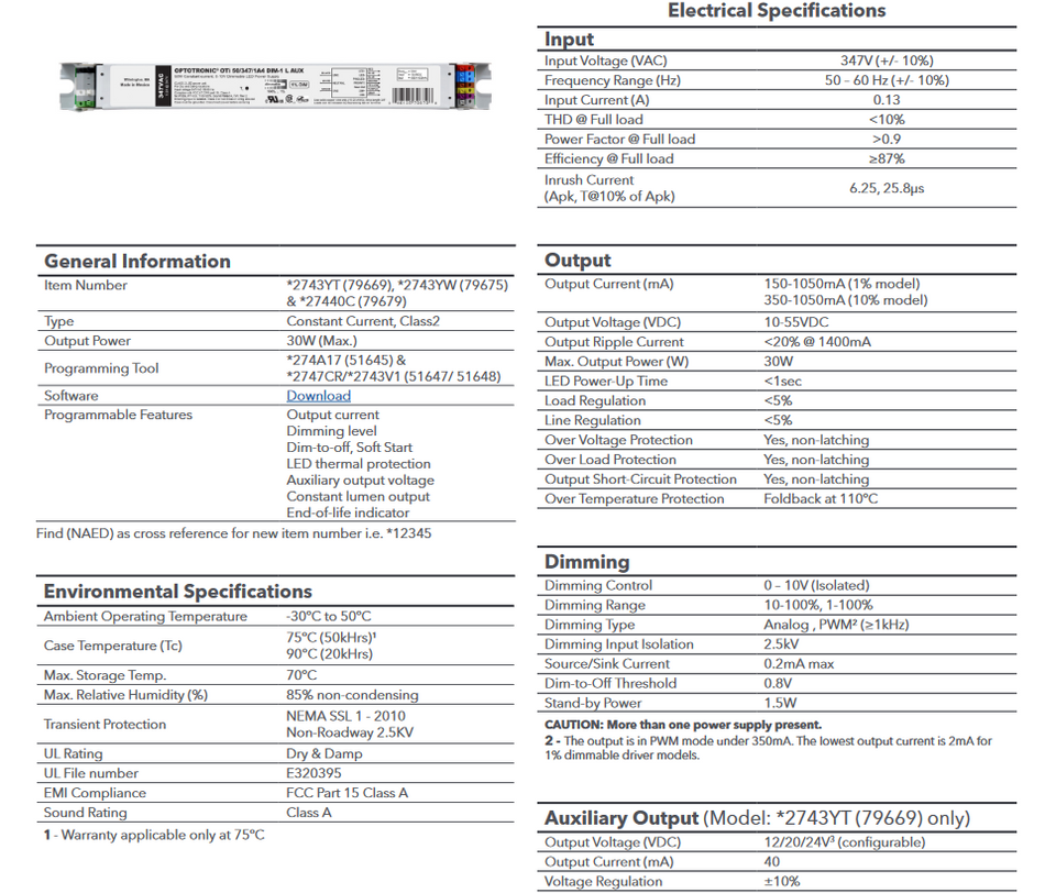 OTi30/347/1A0 DIM-1 AUX Optotronic (79669/*2743YT) LED Driver | 347V ...