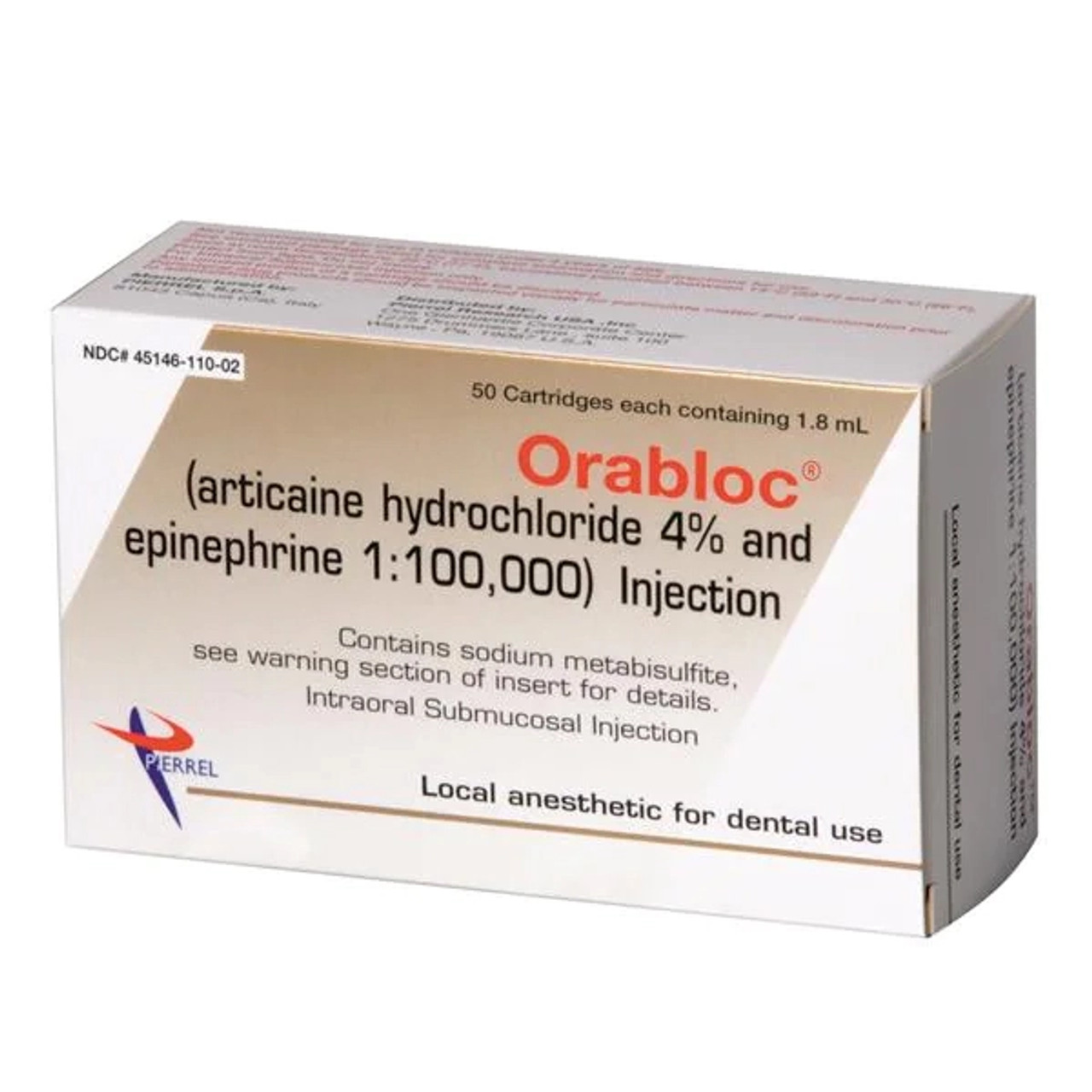 Orabloc Articaine HCl 4% with Epinephrine 1:100,000 Injection Cartridges, 1.8 mL 50/Pk - Dental ...