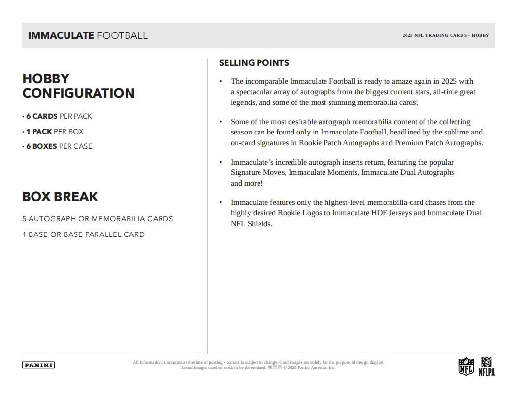 2025 Panini Immaculate Football Collection Hobby 6 Box Case