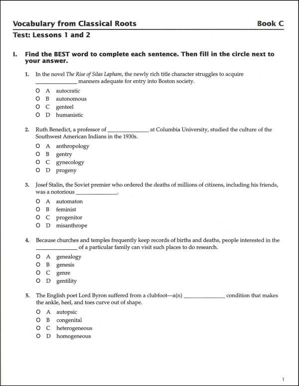 Vocabulary from Classical Roots Grade 9- Book C Tests, Blackline ...