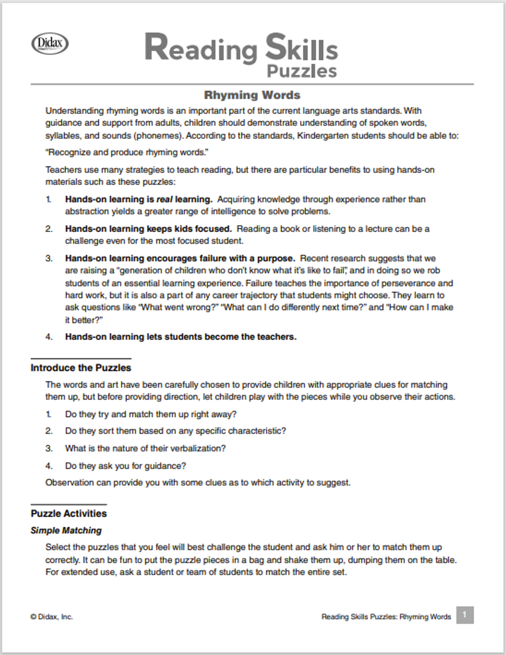 Reading Skills Puzzles: Rhyming Words - Classroom Resource Center