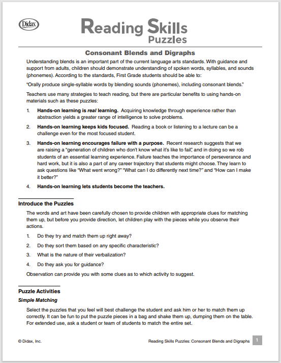 Reading Skills Puzzles: Consonant Blends and Digraphs - Classroom ...