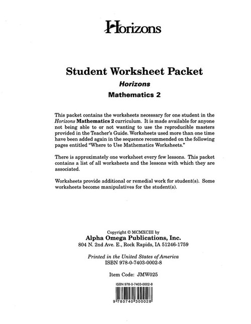 Horizons Grade 2 Math Student Worksheet Packet - Classroom Resource Center