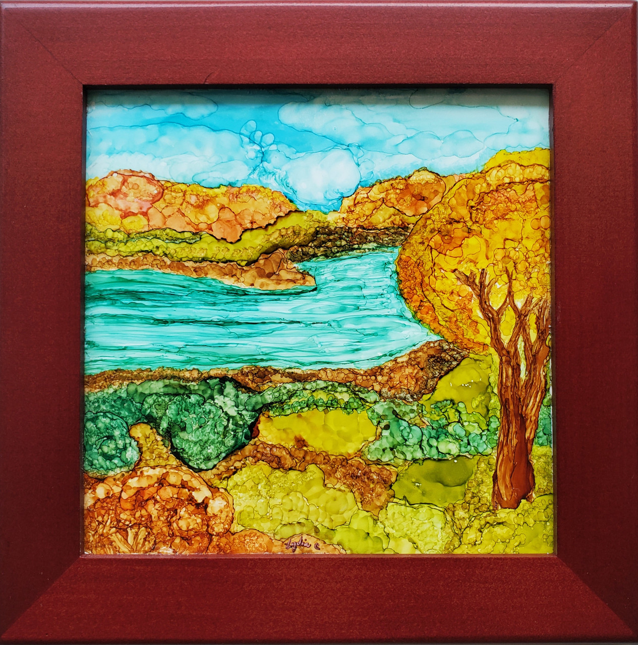 One of a kind ceramic tile art made with alcohol inks