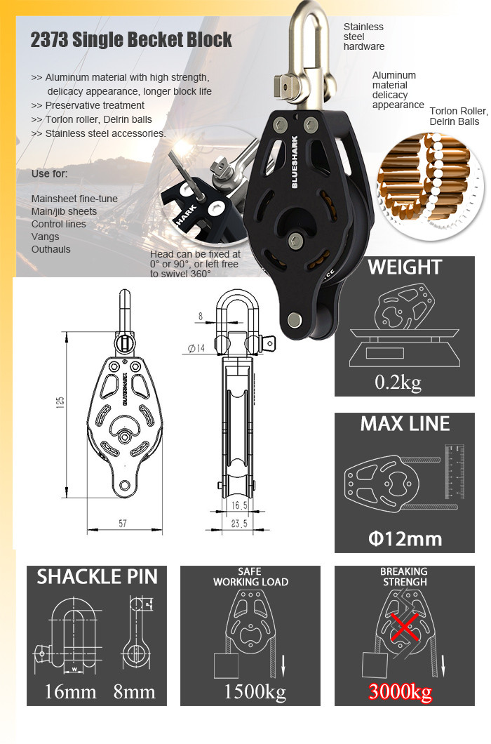 BLUESHARK 57mm Single Swivel Becket Aluminum Torlon Roller Bearing ...
