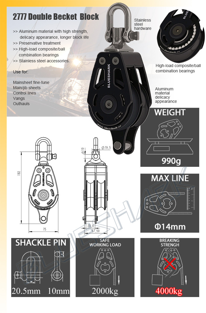 BLUESHARK 75mm Double FIxed Becket High Performance Aluminum Sailing ...