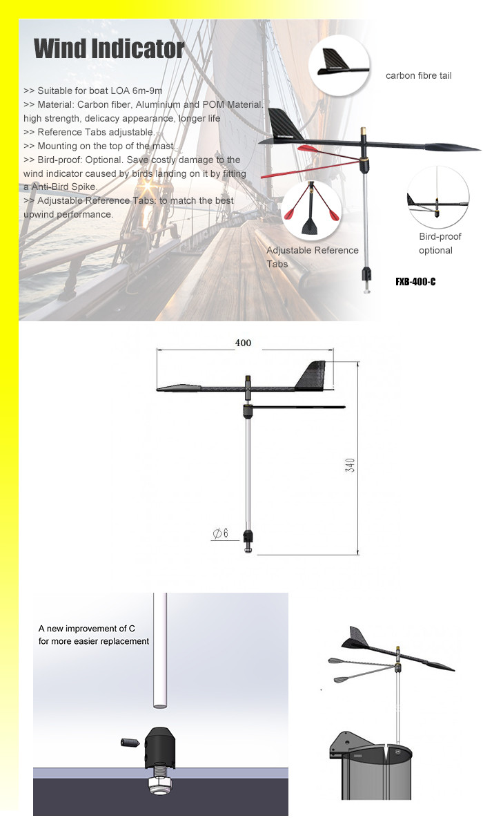 BLUESHARK 15.7 in (400MM) On the Top of the Mast Mount Wind Indicator ...