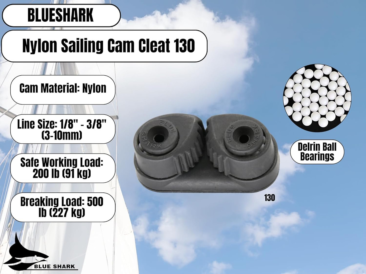 Nylon Sailing Cam Cleat 130 for Line Sizes 1/8” in to 3/8” in (3-10mm ...