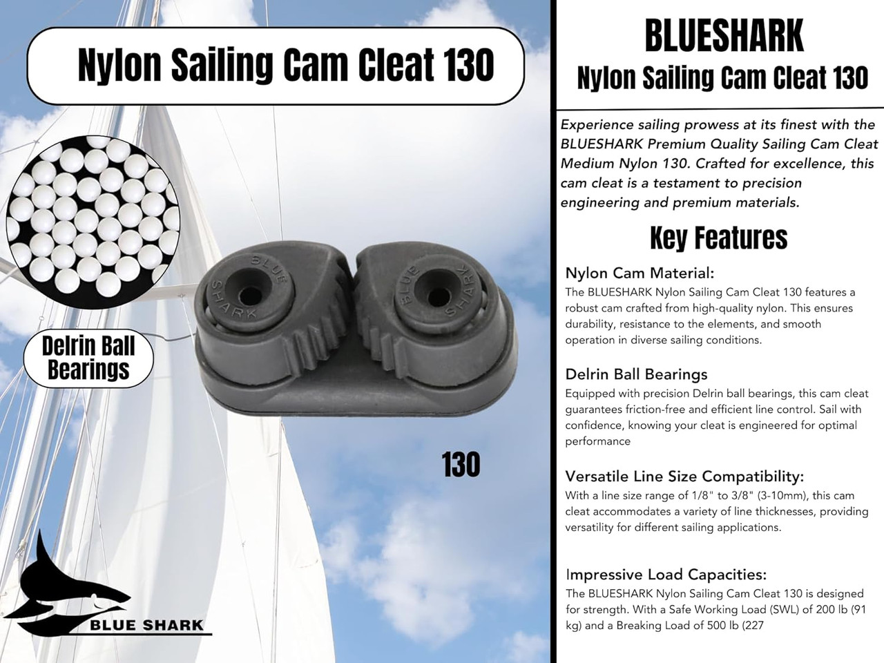 Nylon Sailing Cam Cleat 130 for Line Sizes 1/8” in to 3/8” in (3-10mm ...