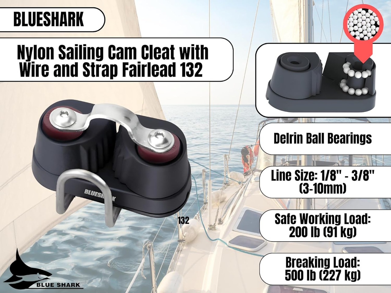 BLUESHARK Nylon Sailing Cam Cleat with Wire and Strap Fairlead 132 ...
