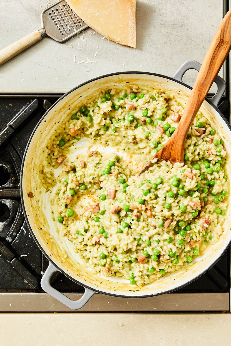 Quick Cook Risotto With Pesto, Peas And Pancetta - DeLallo