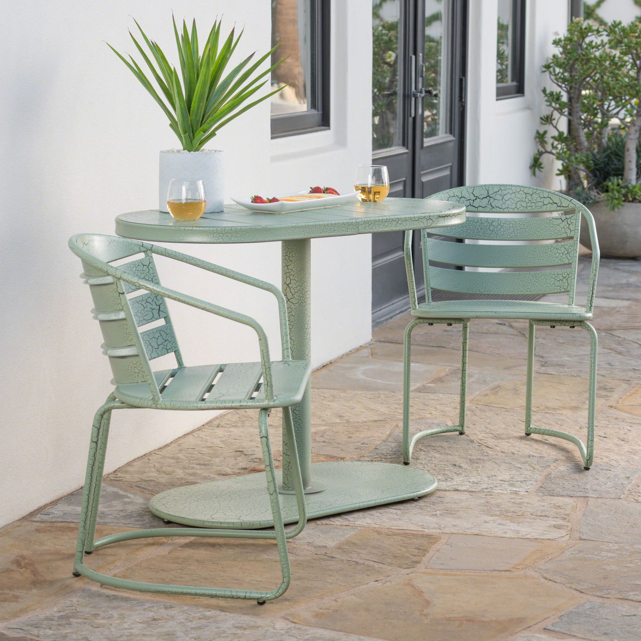 3-Piece Crackle Green Contemporary Outdoor Furniture Patio Bistro Set ...
