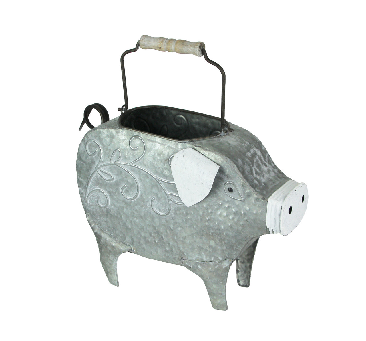 Galvanized Metal Indoor / Outdoor Pig Planter with Wooden Handle
