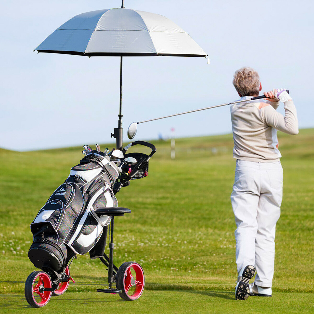 Foldable 3 Wheel Push Pull Golf Club Cart Trolley w/Seat Scoreboard Bag ...
