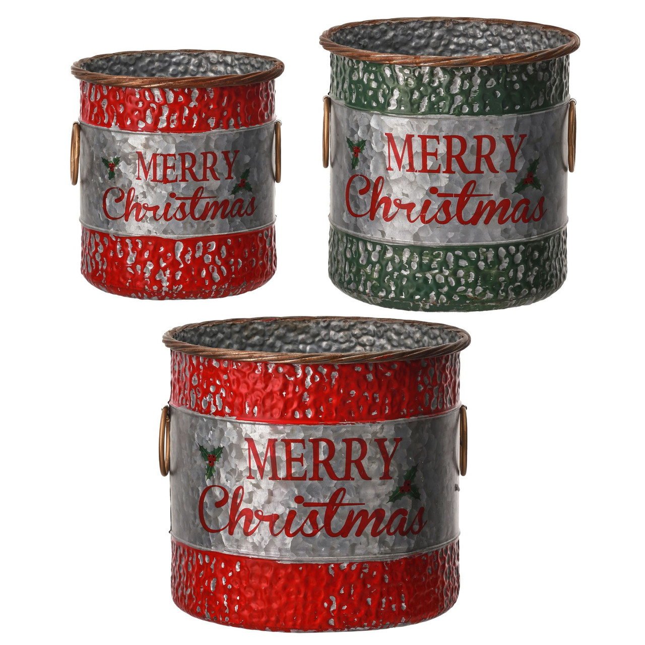 Set of 3 Red & Green "Merry Christmas" Buckets Holiday Decor 10 ...