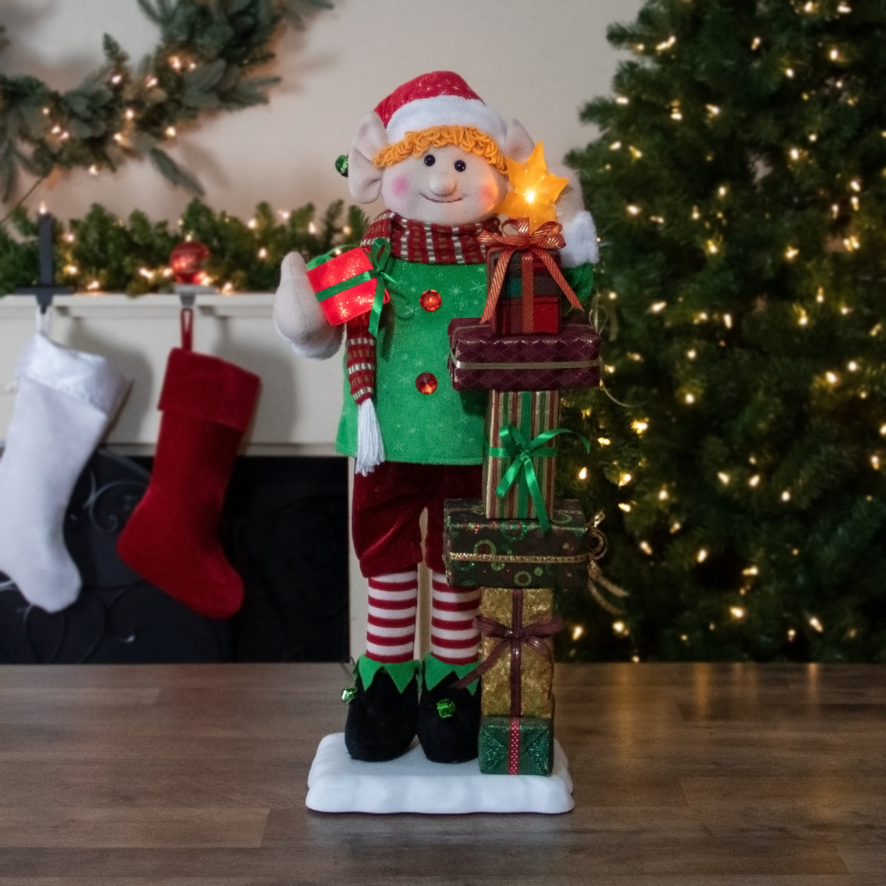 Lighted Animated Musical Santa's Elf with Star & Presents Christmas ...