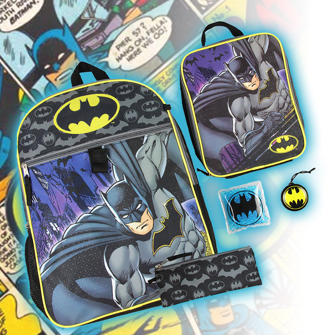 Batman Kids 16" Backpack 5 PC Classic Comic Design Combo Set