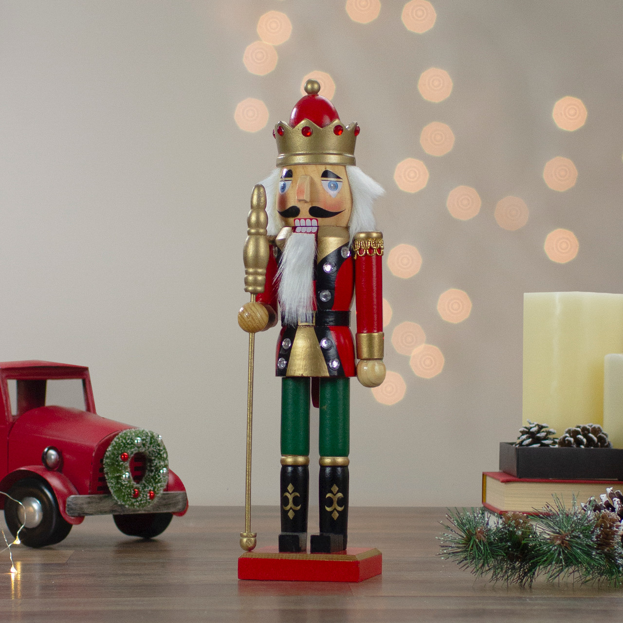 14" Red & Gold Wooden Christmas Nutcracker King with Scepter | Christmas