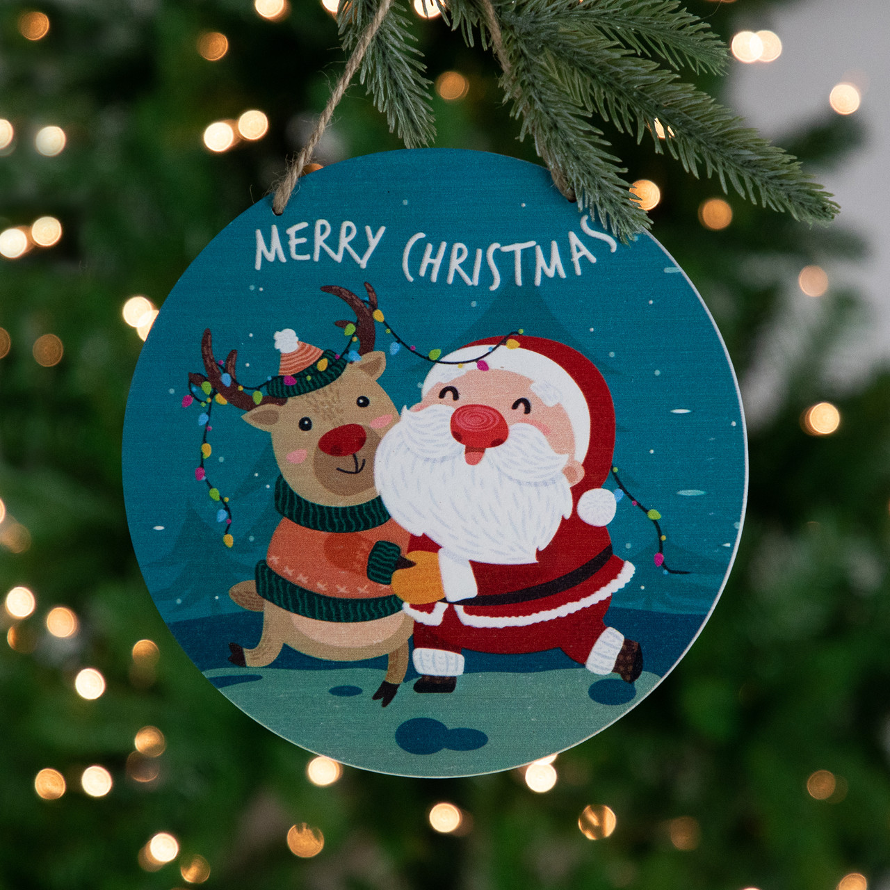 8" Santa & Reindeer "Merry Christmas" Disc Ornament | Christmas