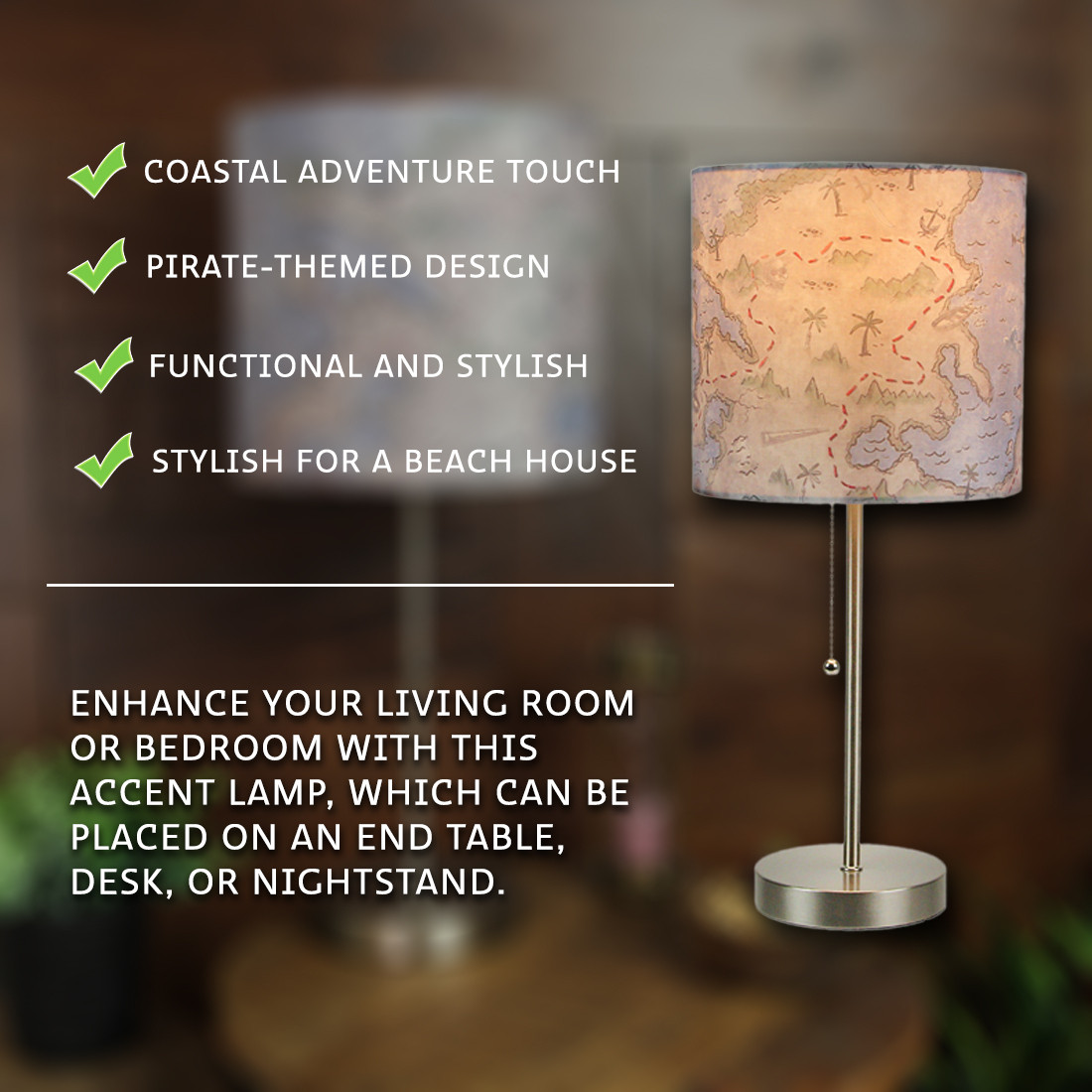 Decorative Treasure Map Brushed Nickel Accent Lamp Coastal Pirate Beach ...