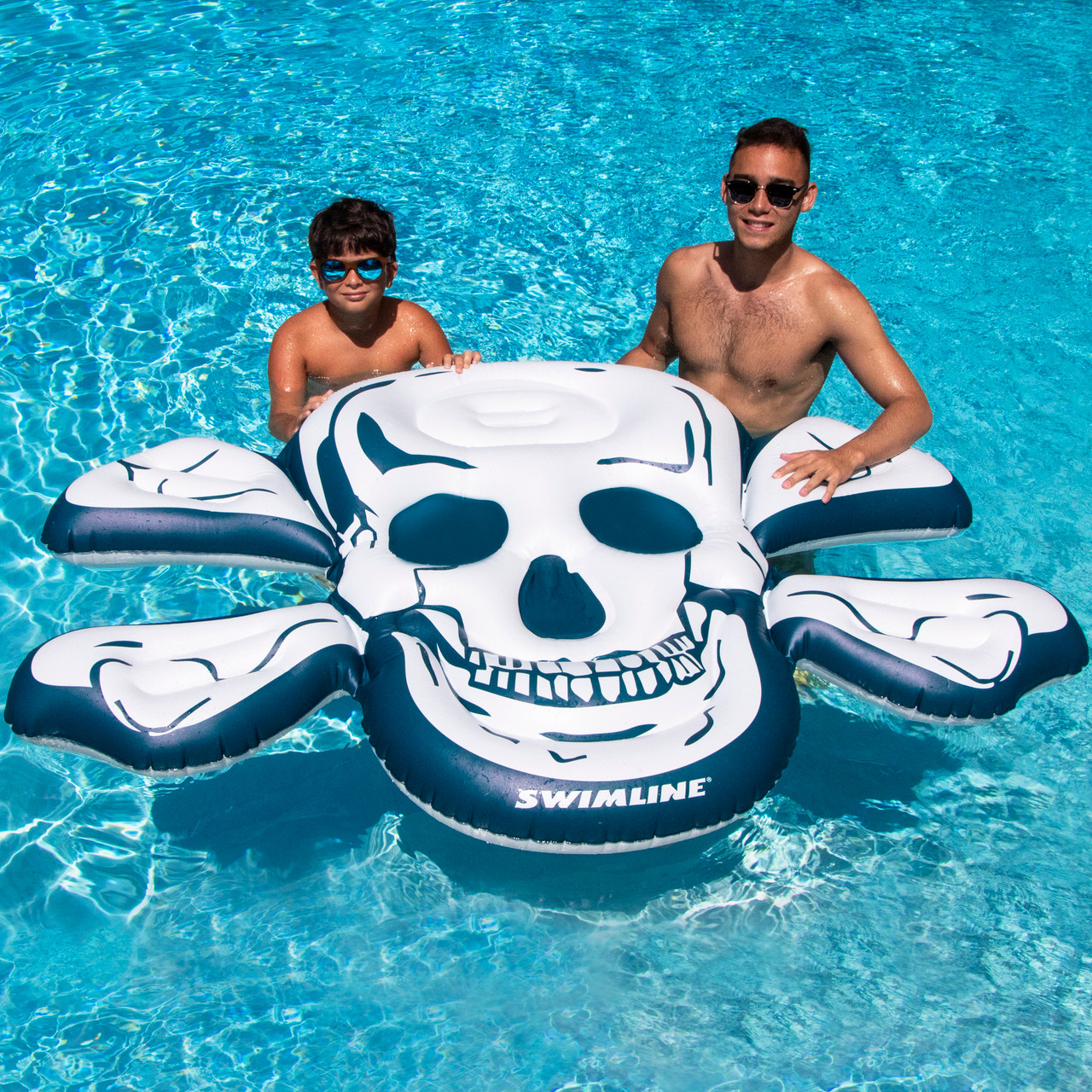 81” White & Blue Skull & Crossbones Inflatable Swimming Pool Raft ...