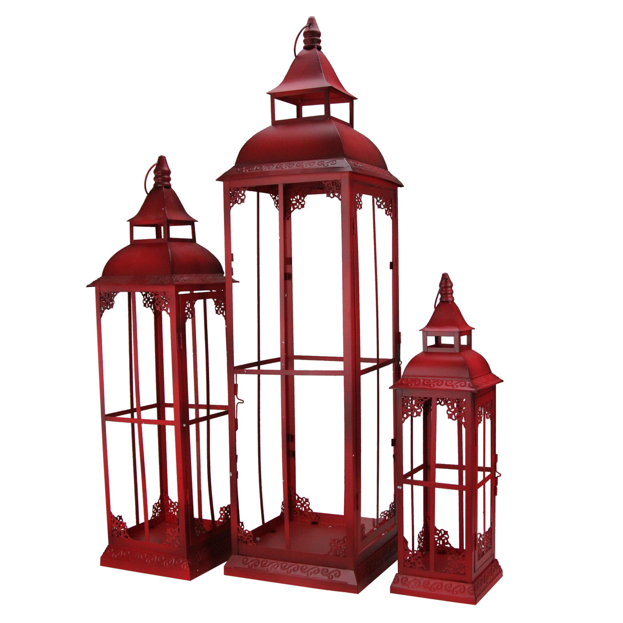 Set of 3 Red Metal & Glass Pillar Candle Lanterns 19.75" - 37 ...