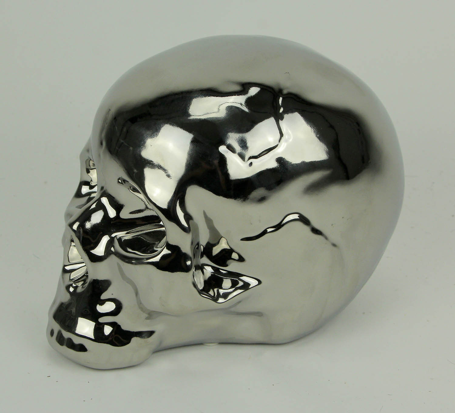 Chrome Silver Finish Ceramic Human Skull Statue