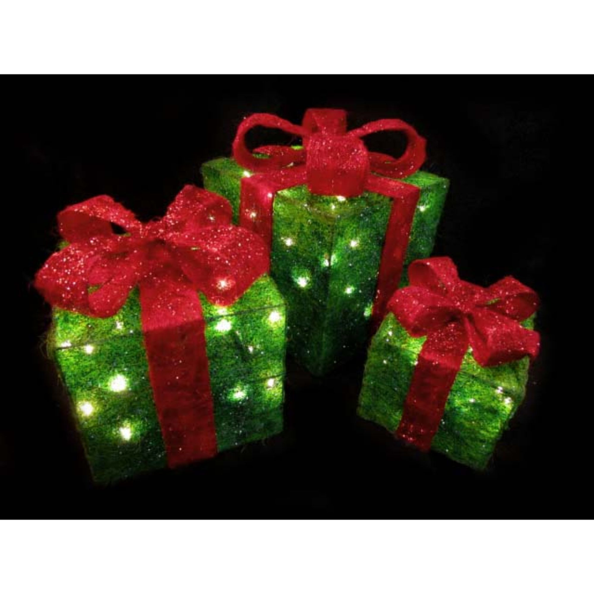 Set of 3 Lighted Green Gift Boxes with Red Bows Outdoor Christmas ...