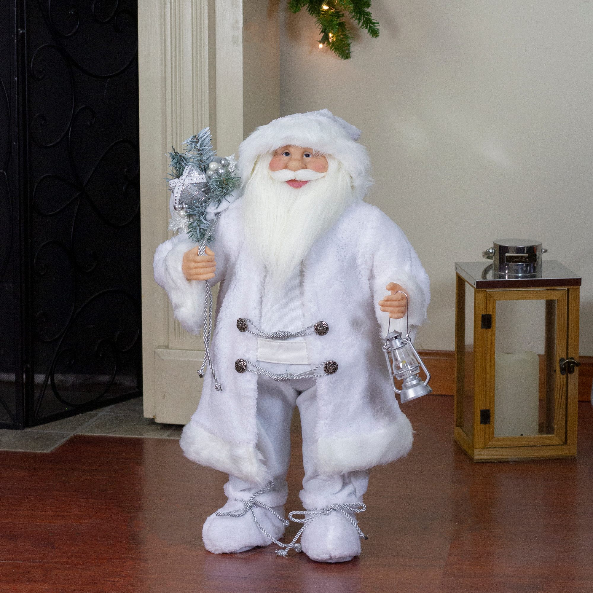 24" White Silver Santa Claus with Lantern Christmas Figure | Christmas