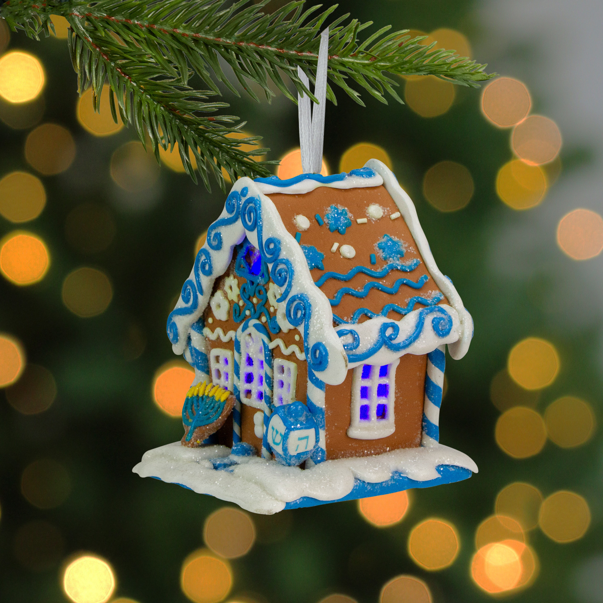 4" Blue & White Hanukkah Gingerbread LED Lighted House Hanging Ornament ...