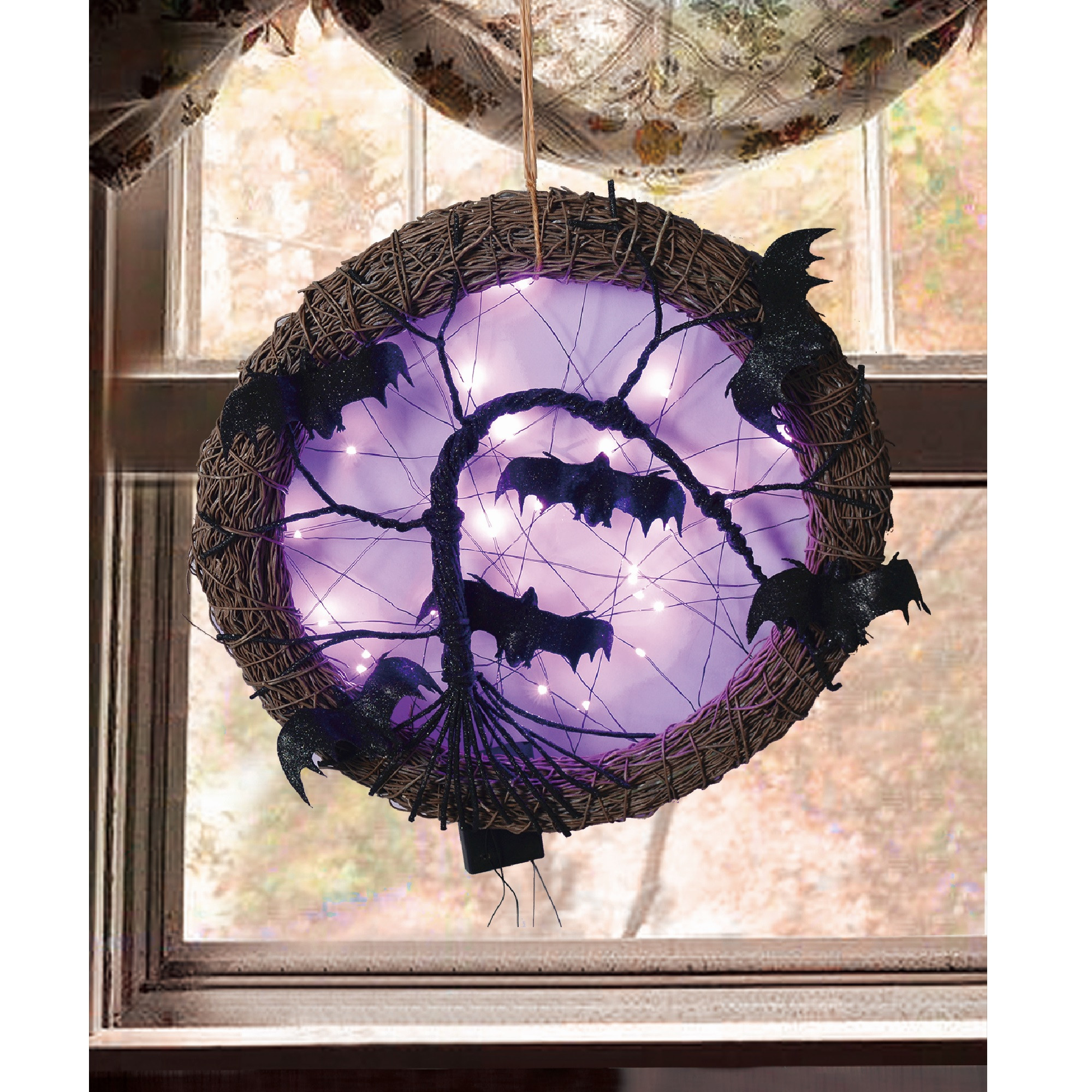 15" LED Lighted Rattan with Bats Halloween Wreath - Purple Lights ...