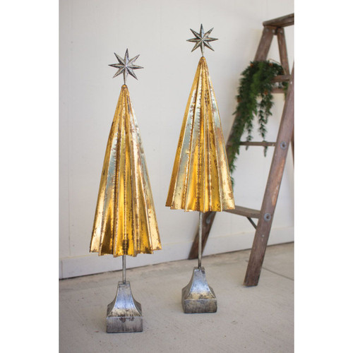 Set of 2 Folded Gold Metal Christmas Trees With Silver Stars | Christmas