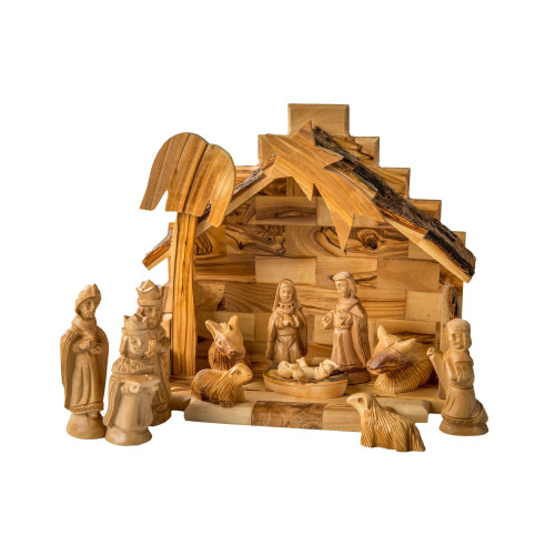 6" Olive Wood Handcrafted Nativity Set & Wood Stable with Animal ...