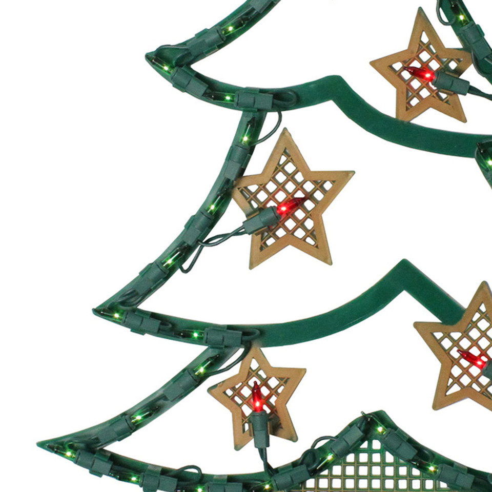 17.75" Lighted Green & Gold Christmas Tree with Stars Outdoor Window ...