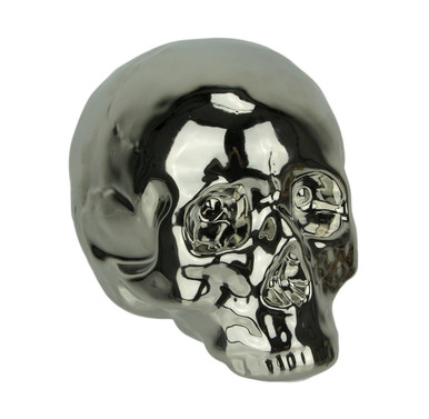 Chrome Silver Finish Ceramic Human Skull Statue