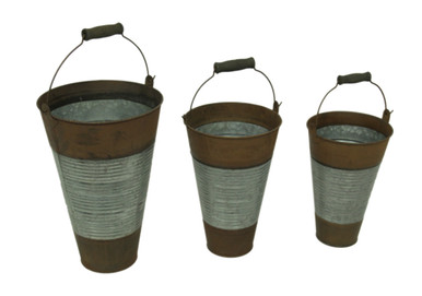 Ribbed Metal 3 Piece Rustic Pail Set with Wood Grip Handles