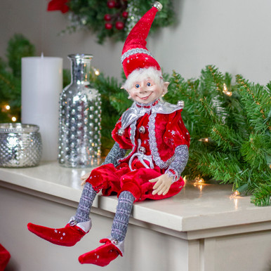 13" Silver & Red Velvet Stardust Elf with Jingle Bells | Christmas