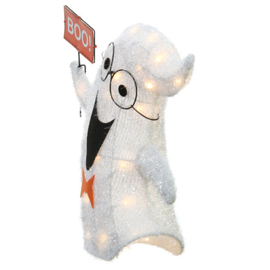 18" White & Black Pre-Lit Happy Ghost Holding Sign Halloween Outdoor ...