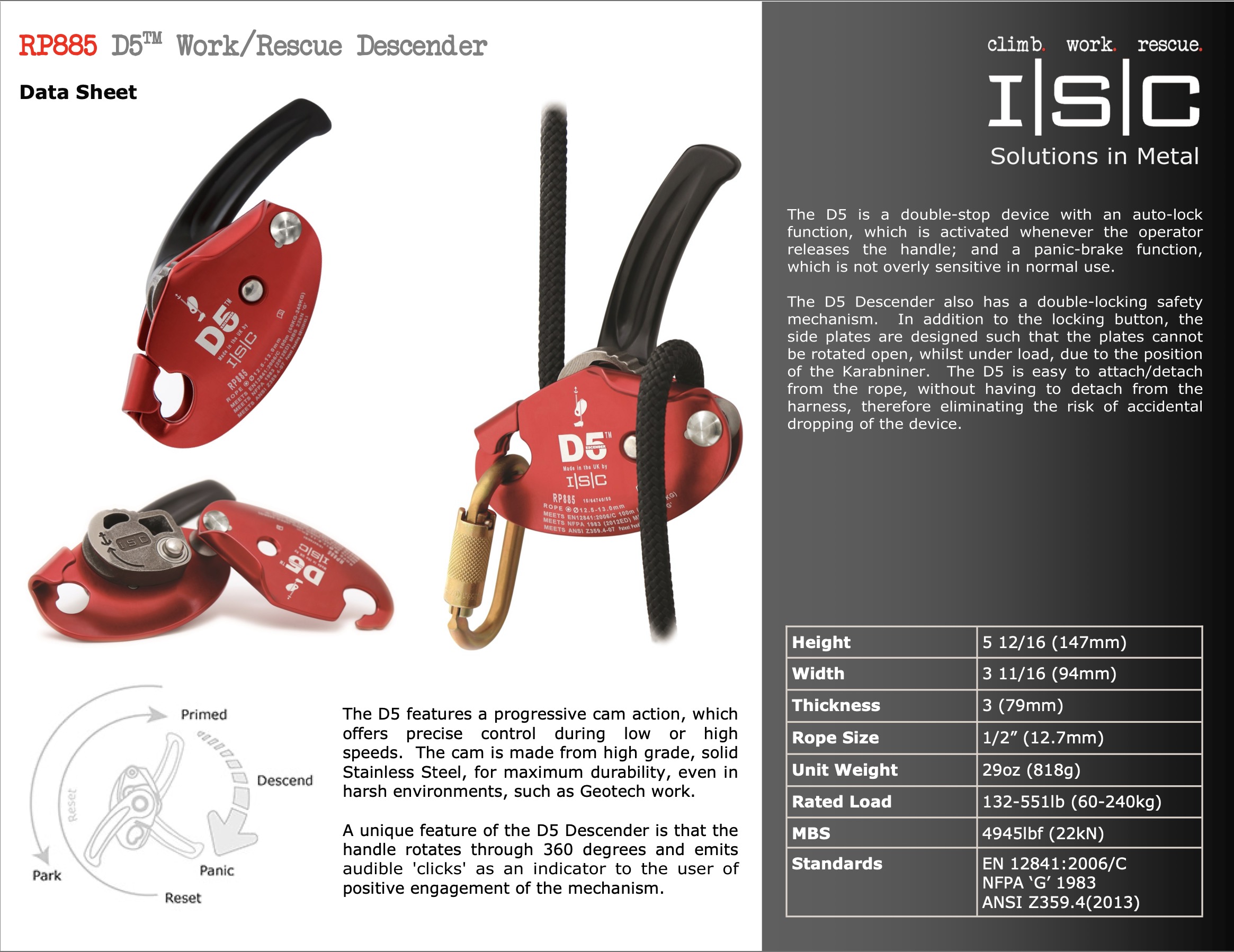 ISC D5 Work/Rescue Belay Descender - Red | Live Action Safety