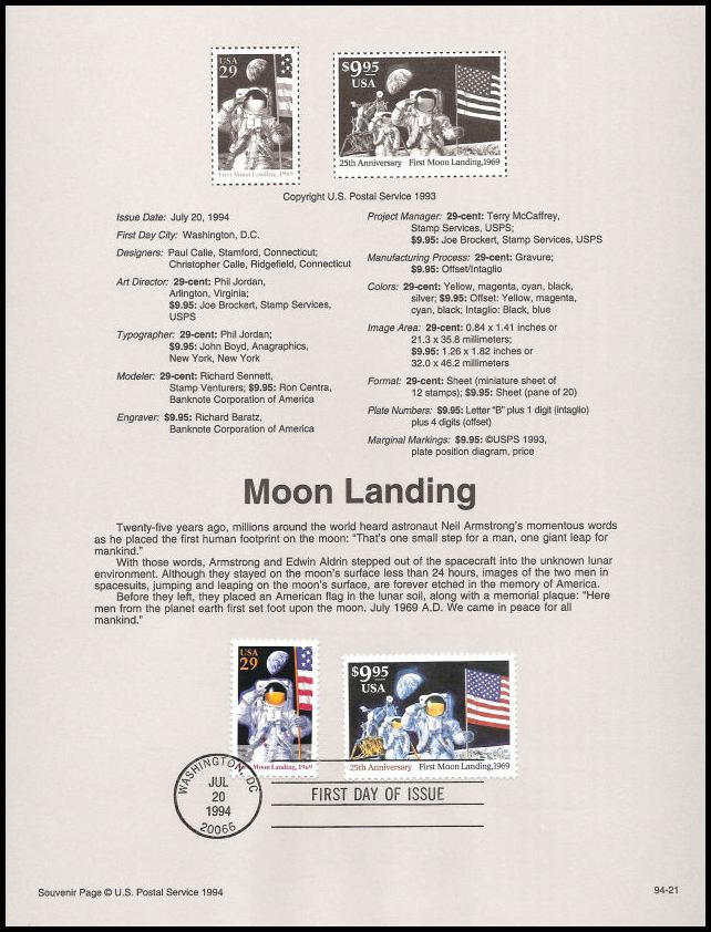 2841a - 42 / 29c & $9.95 Moon Landing Express Mail 1994 USPS #94-21 ...