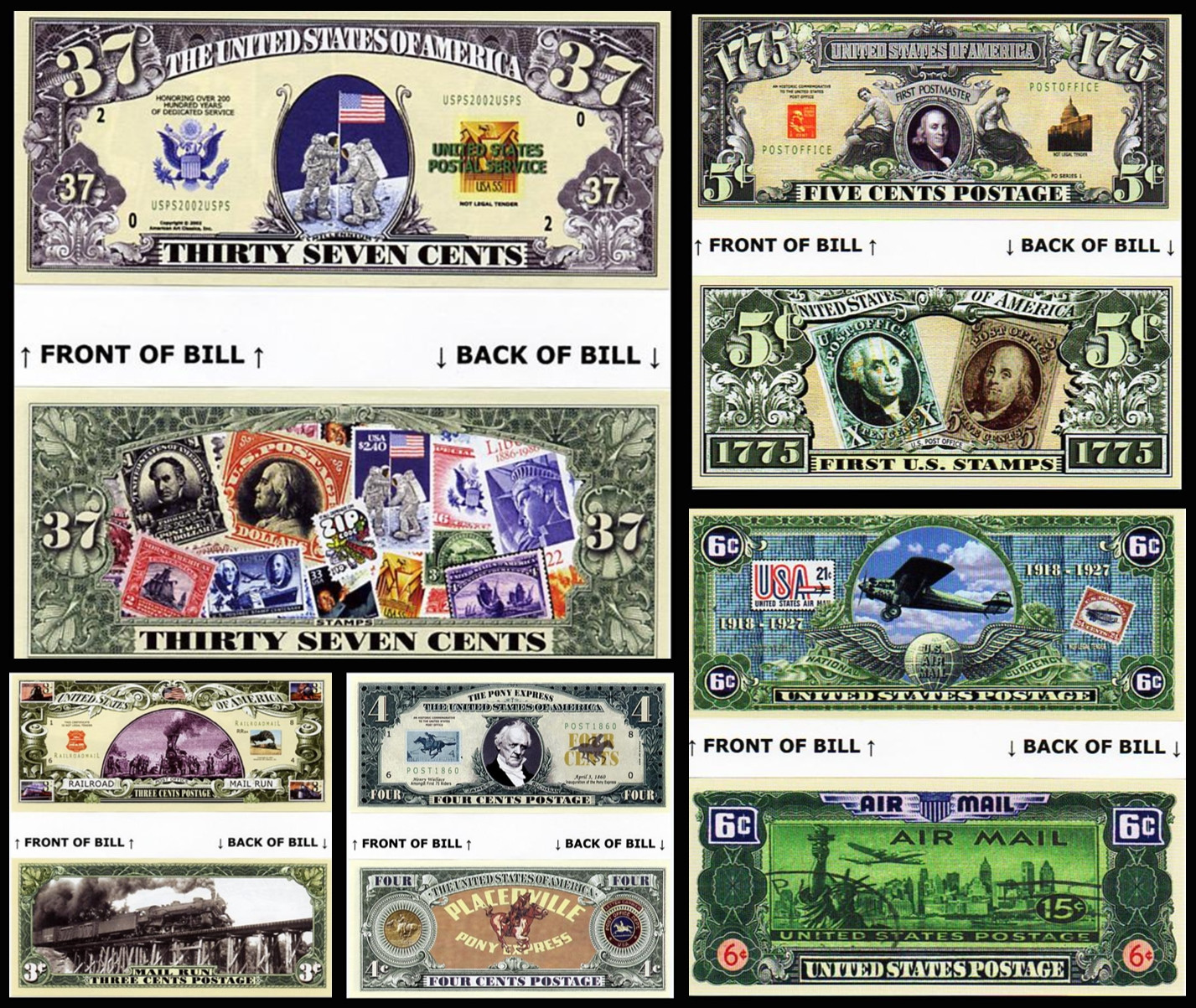 Postage Stamps Philatelic USPS Set of 5 Novelty Commemorative Bills ...