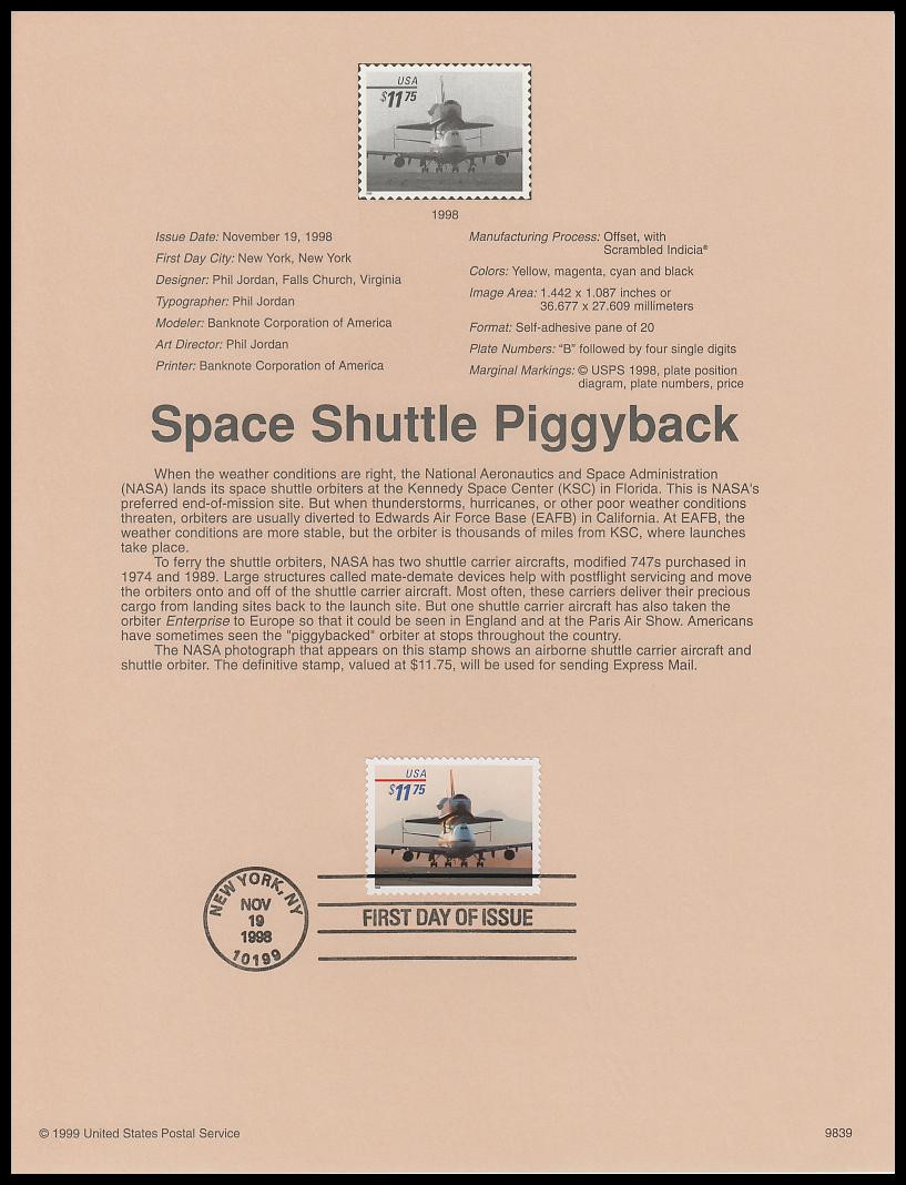 3262 / $11.75 Space Shuttle Piggyback Express Mail 1998 USPS #9839 ...