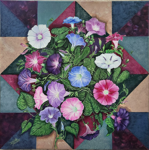 Morning Glories & Quilt Block - Delilah Young Art Studio