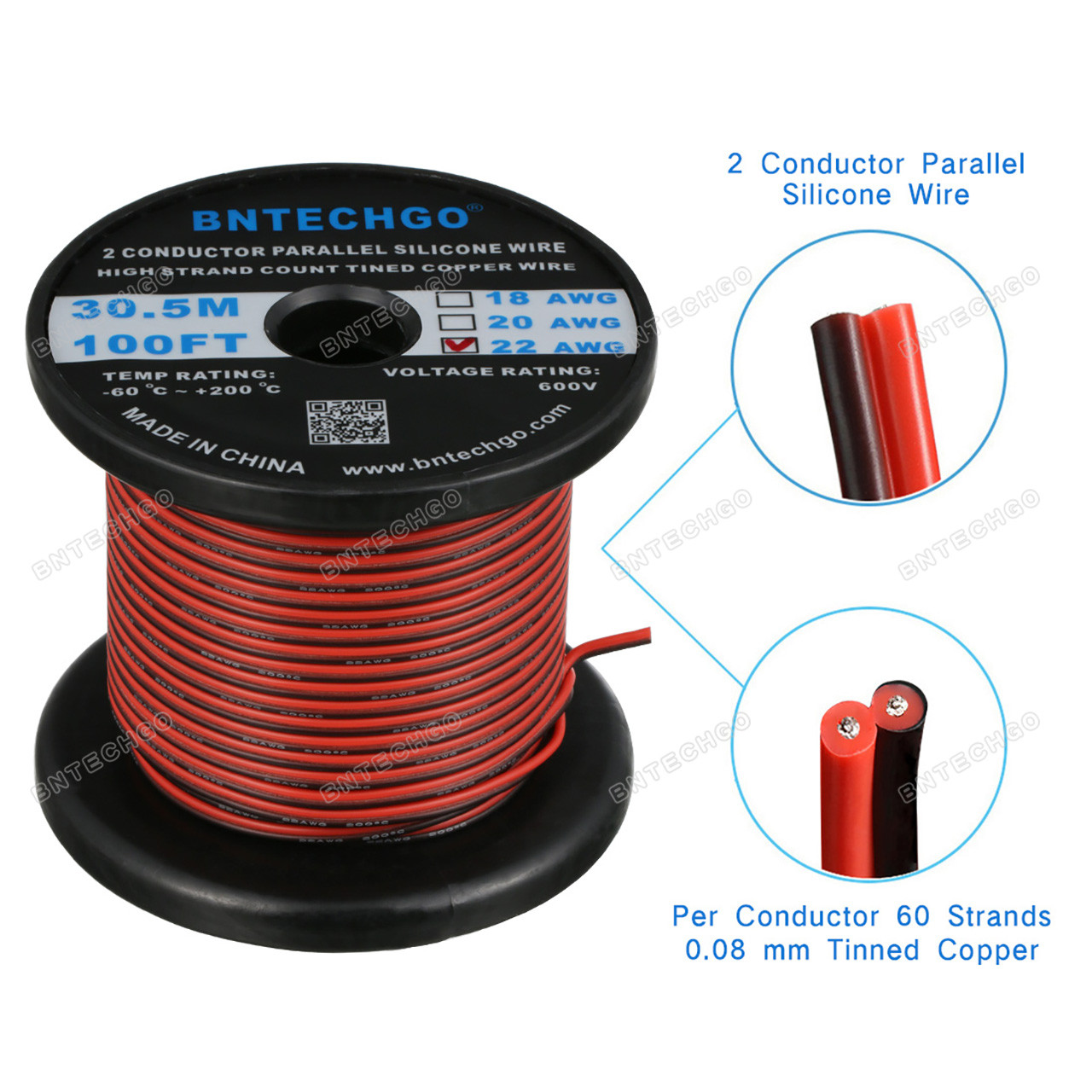 22AWG Flexible 2 Conductor Parallel Silicone Wire Spool Red Black