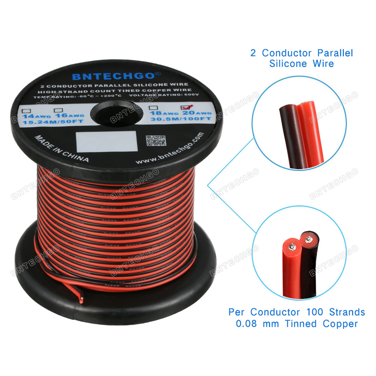 20AWG Flexible 2 Conductor Parallel Silicone Wire Spool Red Black