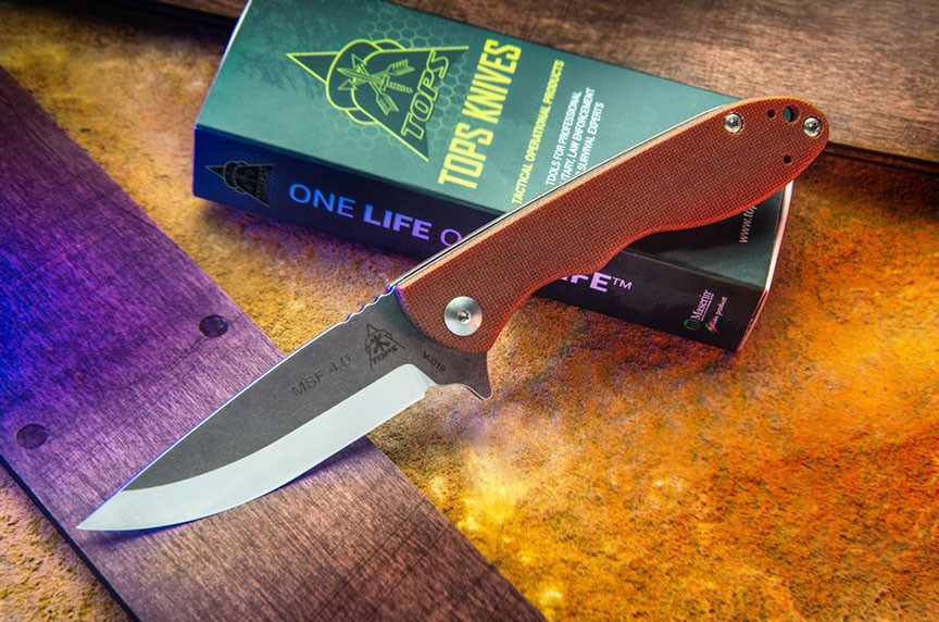 TOPS Knives Mini Scandi Folder, MSF-4.0 - Tumble Blade Finish - Tan ...