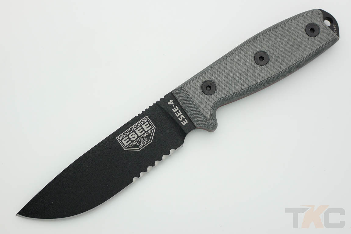 ESEE-4S-MB-B (MOLLE Back) Black Partially Serrated Blade w/ Grey Linen ...