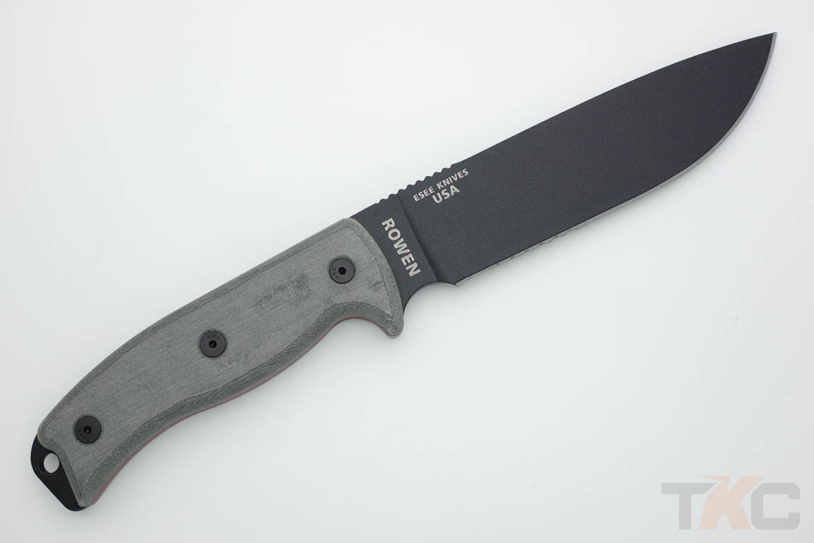 ESEE-6S-B Black Partially Serrated Fixed Blade w/ Grey Linen Micarta ...